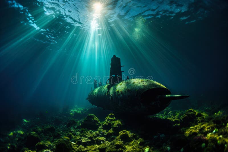 Sunken Old Submarine Underwater on the Ocean Floor. Generated by AI ...