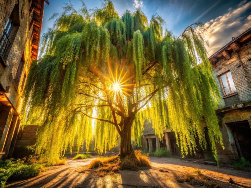 SunKissed Serenity Abandoned Urban Structure Framed by a Weeping Willow ...