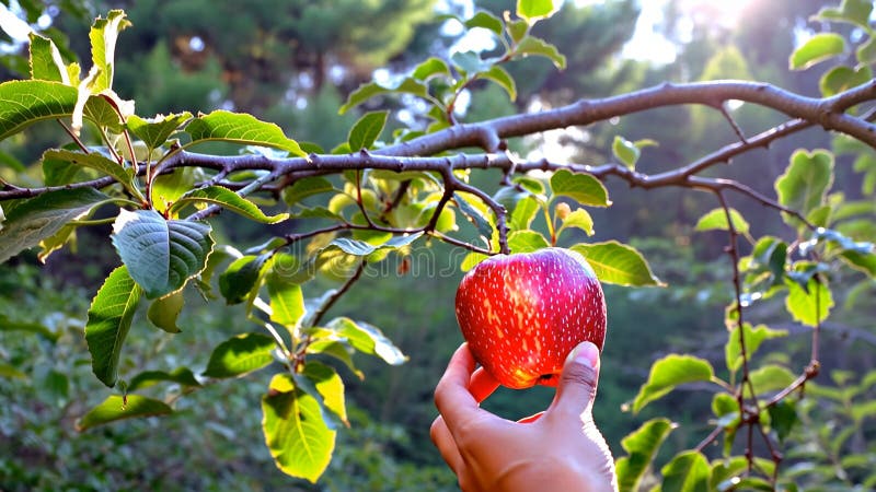 Soft Sunlight Illuminating Verdant Orchard, Farmer Carefully Harvesting ...