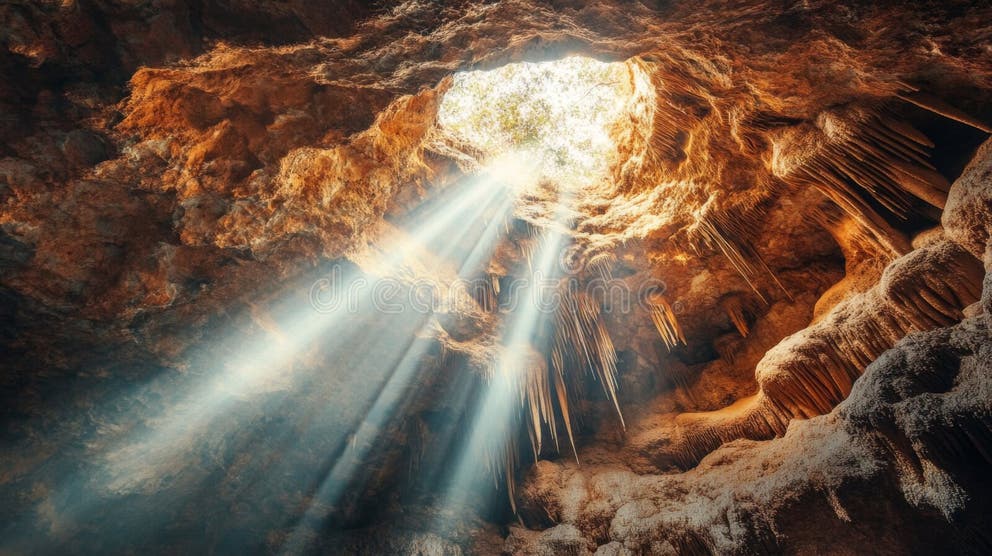 Sunlight Beams through Cave Opening Illuminating Stalactites Stock ...