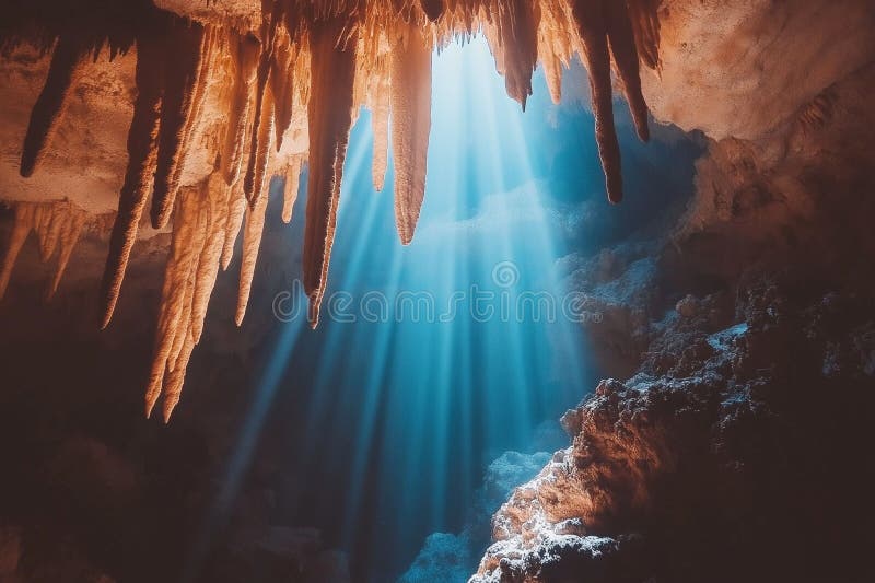 Sunlight Beams through a Cave with Stalactites. Stock Illustration ...