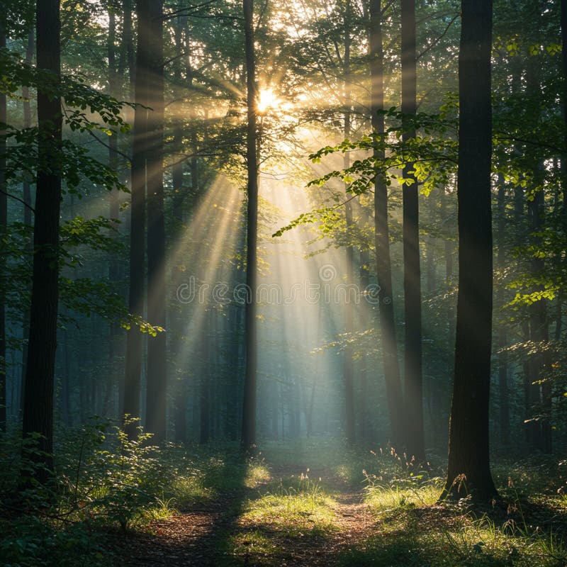 Sunlight Beams through a Dense Forest, Casting Parallel Rays between ...