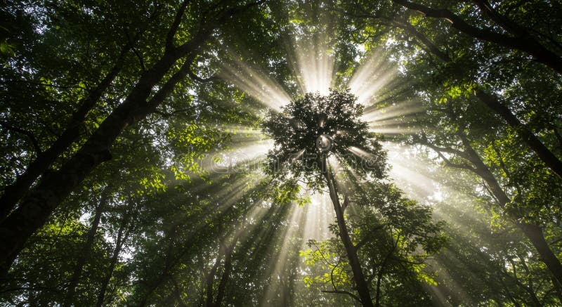 Sunlight Beams through Forest Canopy Stock Illustration - Illustration ...