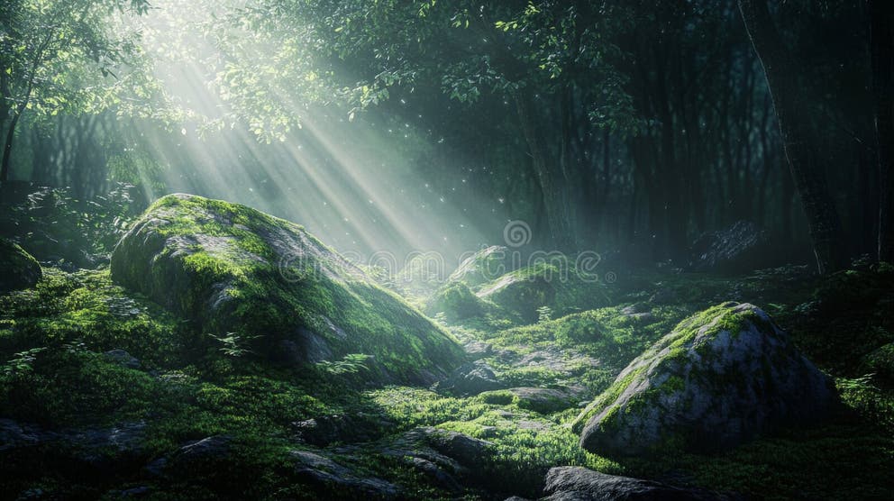 Sunlight Beams through Forest Canopy, Illuminating Mossy Rocks Stock ...