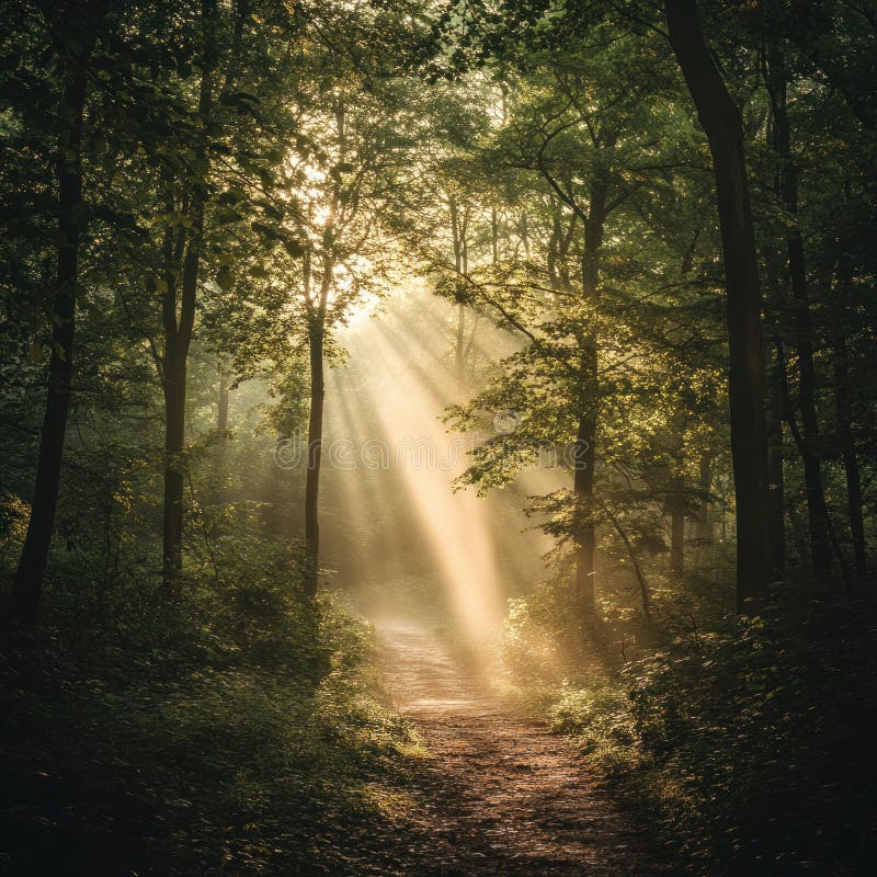 Sunlight Beams through Trees in a Dense Forest Stock Illustration ...