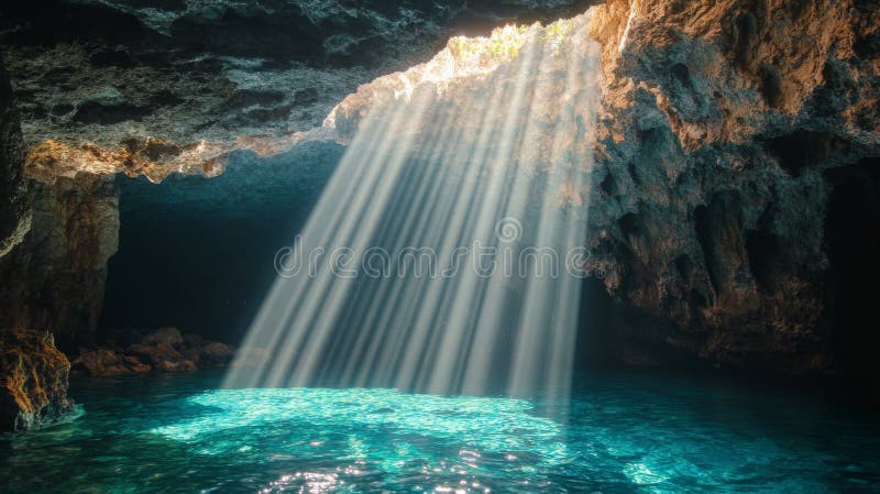 Sunlight Beams Illuminating a Calm Blue Sea Inside a Cave Stock ...