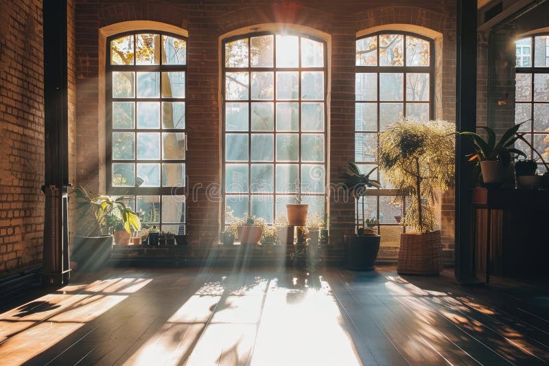 Sunlight Beams through Large Windows in a Loft Space with Exposed Brick ...