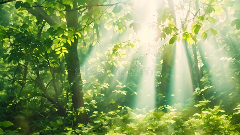 Sunlight Beams through a Lush Green Forest, Creating a Dappled Effect ...