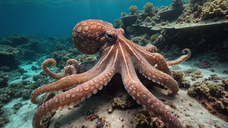 Sunlight Beams Revealing Hidden Octopus among Coral Stock Illustration ...