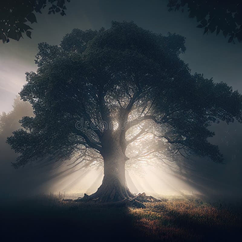 Sunlight Behind and Old Big Tree, Generative AI Stock Illustration ...