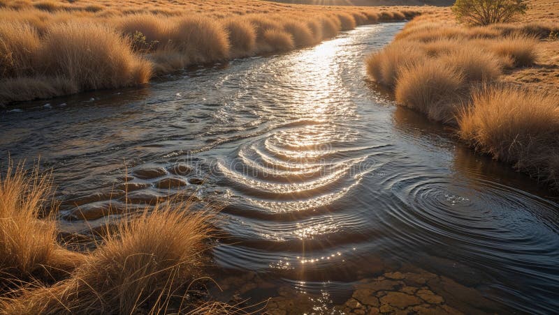 Sunlight Bouncing Off Ripples on Creek Winding through Golden Valley ...