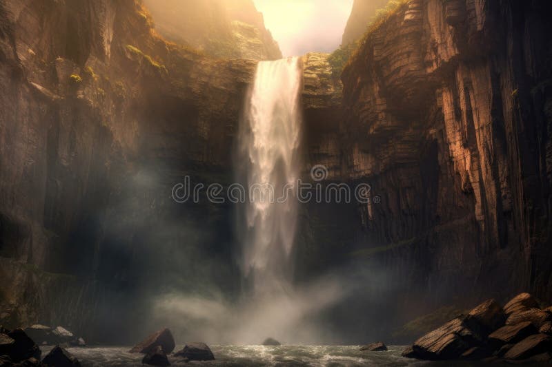Sunlight Breaking through Clouds Above a Dramatic Waterfall Scene Stock ...