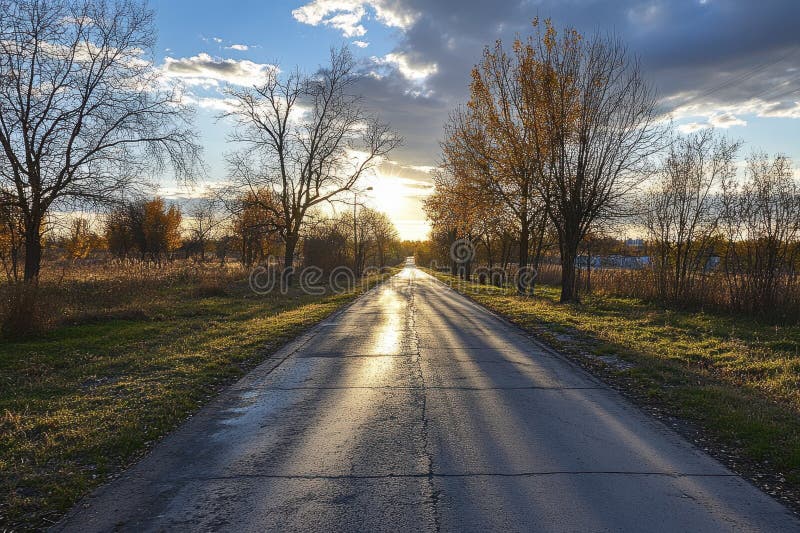 Sunlight Breaking through Clouds Over a Quiet Rural Road Surrounded by ...