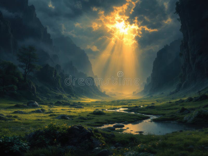 Sunlight Breaking through Clouds Over Serene Valley Landscape Stock ...