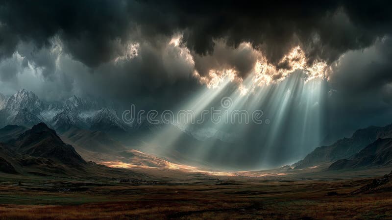 Sunlight Breaking through Dark Storm Clouds Over Mountain Landscape Stock Photo - Image of ...