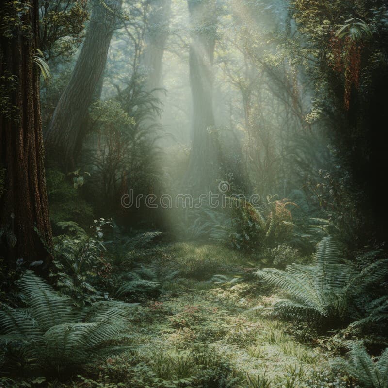 Sunlight Breaking through the Dense Fog in a Forest of Redwoods Stock ...