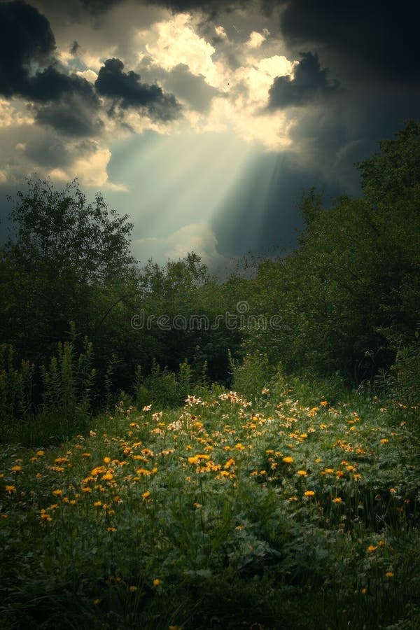 Sunlight Breaking through Dramatic Clouds Illuminating a Wildflower ...