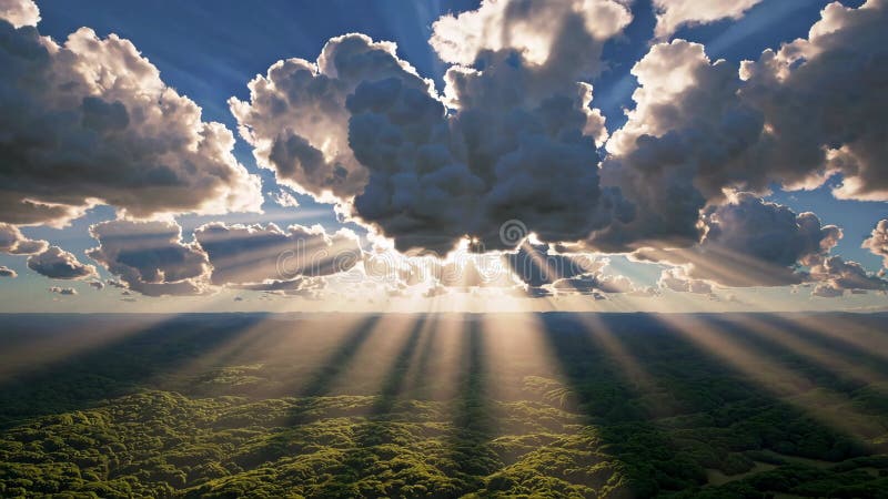 Sunlight Breaking through Dramatic Clouds Over Forest Landscape, Serene ...