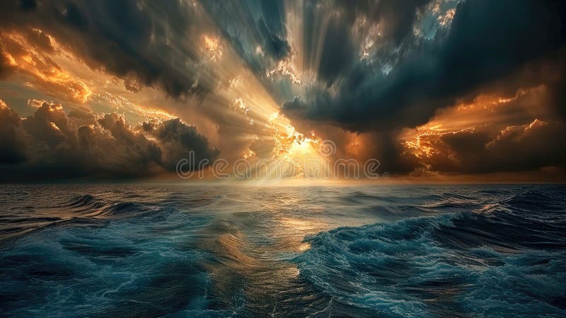 Sunlight Breaking through Storm Clouds at Sea Stock Illustration ...