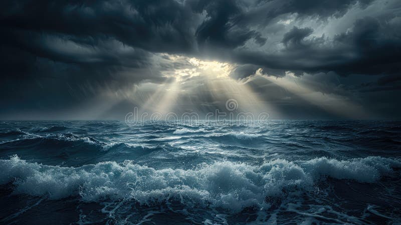 Sunlight Breaking through Storm Clouds at Sea Stock Illustration ...