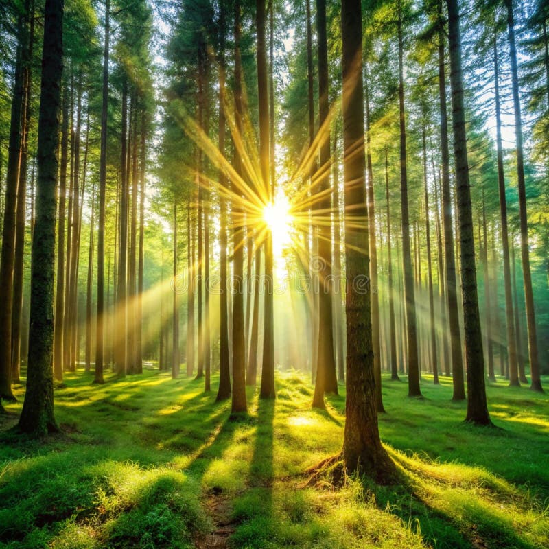 Sun Rays through Forest Trees Stock Illustration - Illustration of ...