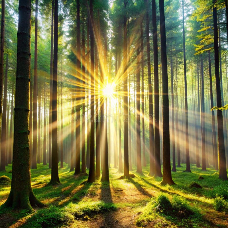 Sun Rays through Forest Trees Stock Illustration - Illustration of ...