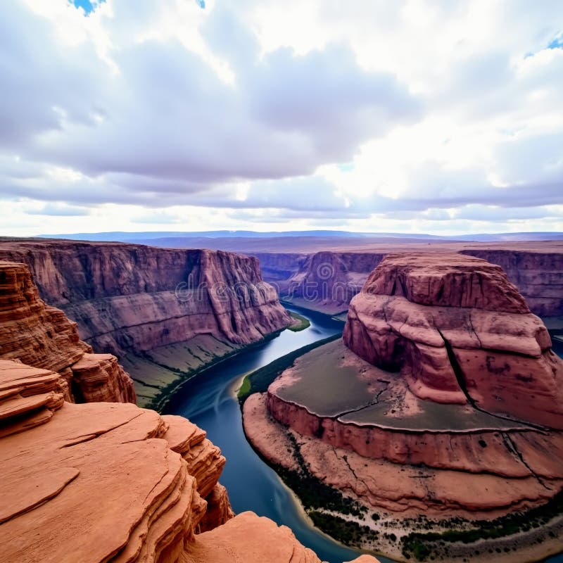 Sunlight Breaks through Clouds Above a Winding River, Casting Shadows ...