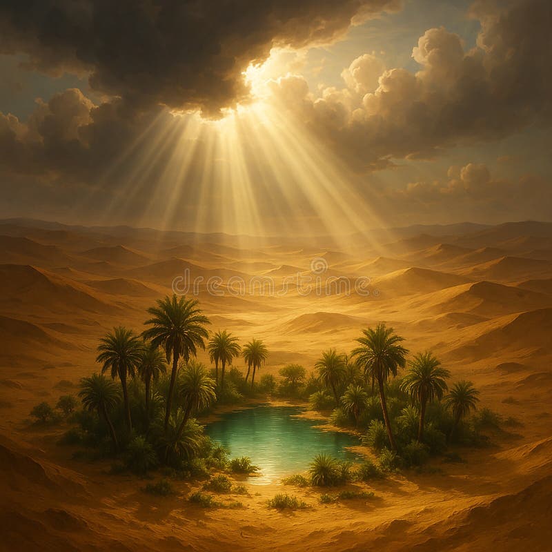 Sun Shines through Clouds on Oasis in a Desert Stock Illustration ...