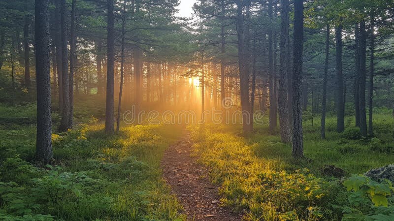 Dappled Sunlight Streaming through a Serene Forest at Dawn Illuminating ...
