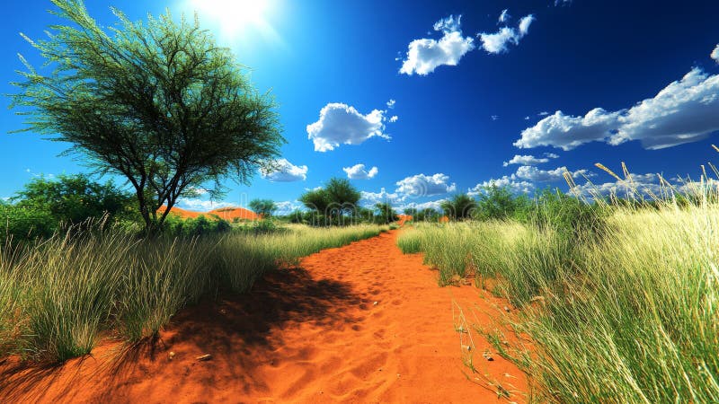 Sunlight Brightens a Sandy Path through Lush Desert Plants Stock ...