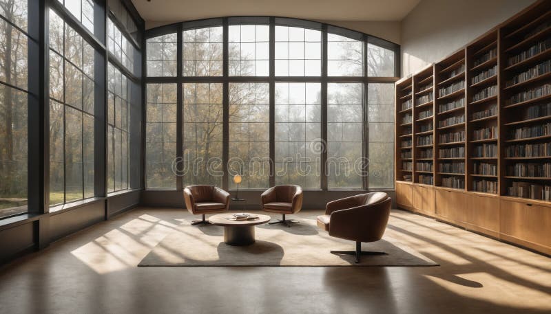 Sunlight Cascades through Large Windows in a Serene Library Setting ...