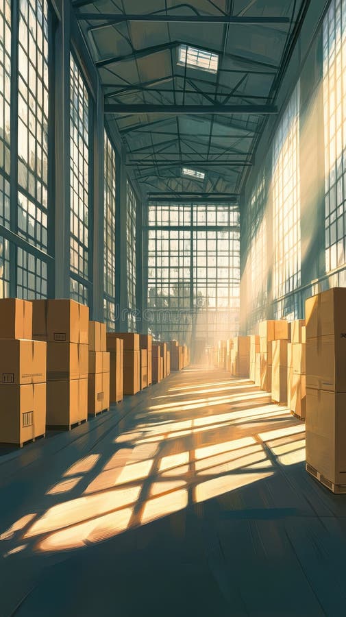 Sunlight Cascades through Windows Illuminating a Modern Warehouse ...