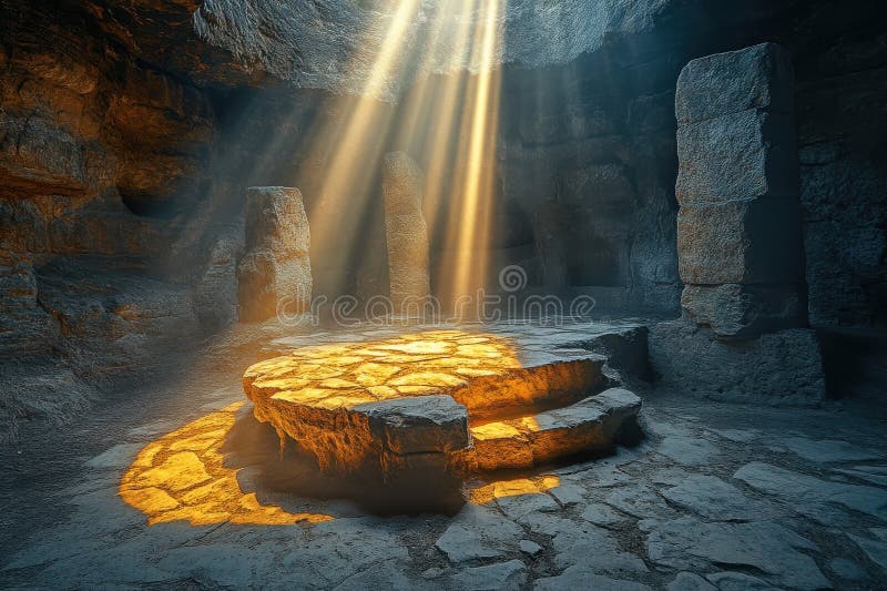 Sunlight Casting Golden Patterns in Ancient Stone Cave Interior with ...