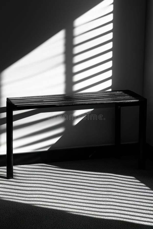 Sunlight Casting Shadows on Bench and Wall in Black and White Stock ...
