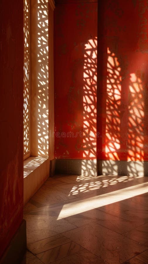 Sunlight Casting Shadows through Lattice in a Red Room Stock Photo ...