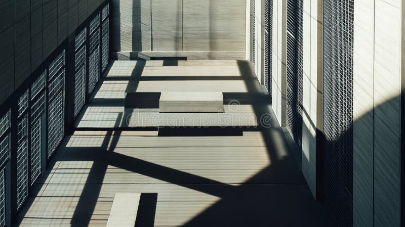 Sunlight is Casting Shadows from a Metal Railing Onto the Tiled Floor ...