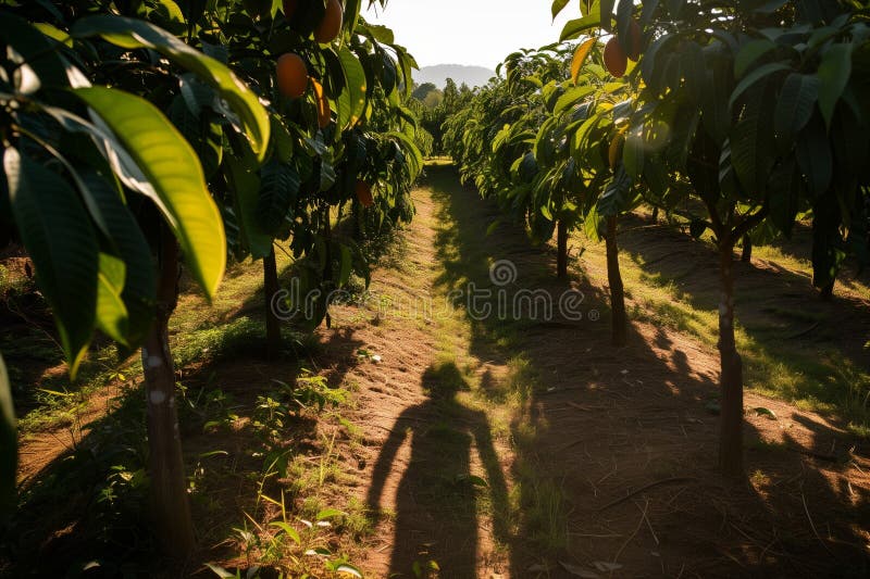 Sunlight Casting Shadows of a Person Onto Rows of Mango Trees Stock ...