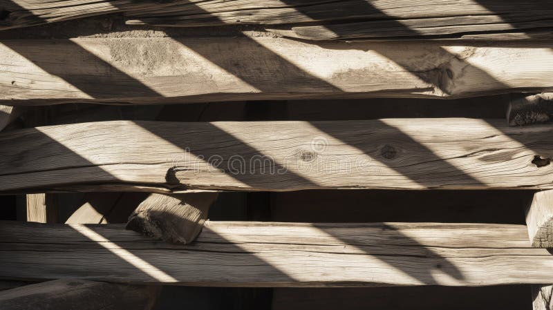 Sunlight Casting Shadows on Weathered Wooden Beams with Visible Grain ...