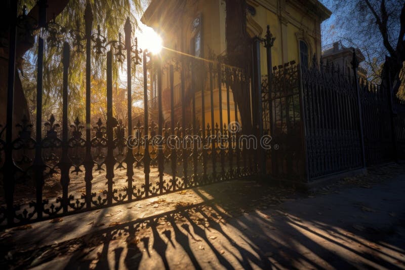 Sunlight Casting Shadows through a Wrought Iron Gate Stock Illustration ...