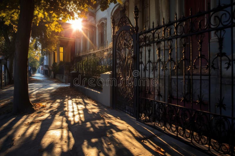 Sunlight Casting Shadows through a Wrought Iron Gate Stock Illustration ...