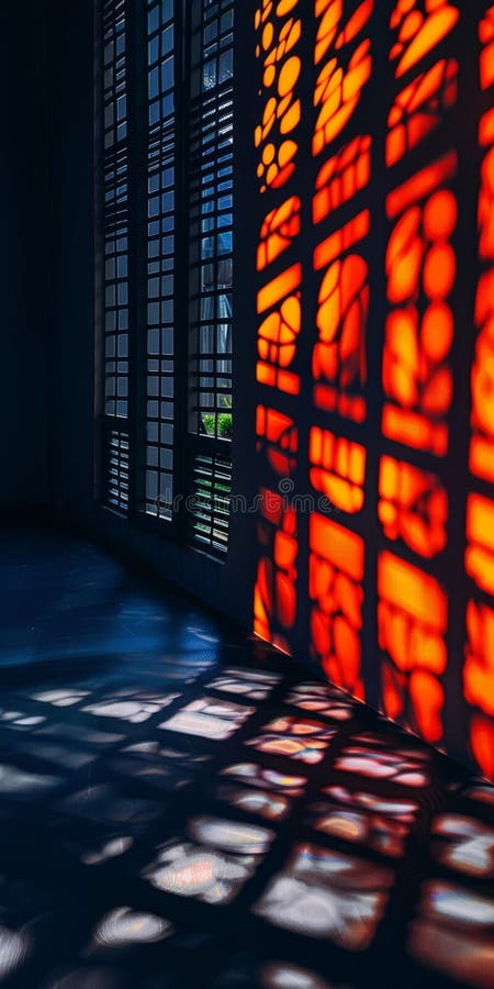Sunlight Casting Vibrant Patterns through Modern Geometric Windows in a ...
