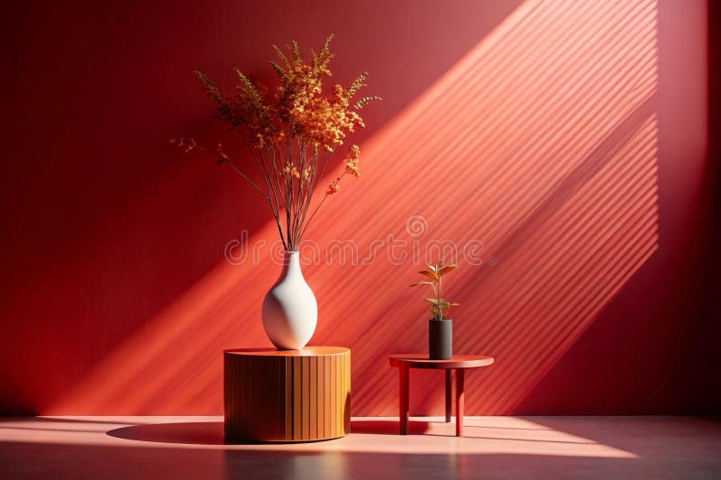 Sunlight Casts Dramatic Shadows on a Red Wall in a Minimalist Interior ...