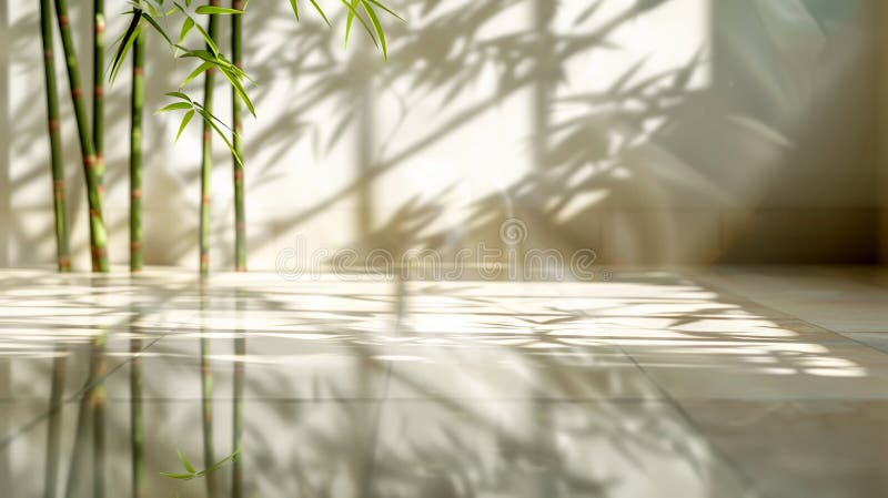 Sunlight Casts Gentle Shadows of Bamboo Onto a Serene Tiled Floor in a ...