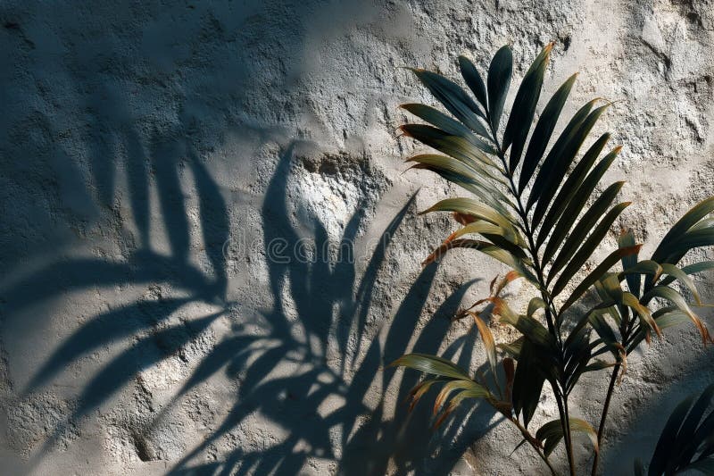 Sunlight Casts Palm Tree Shadows on a Textured Wall during Midday in a ...