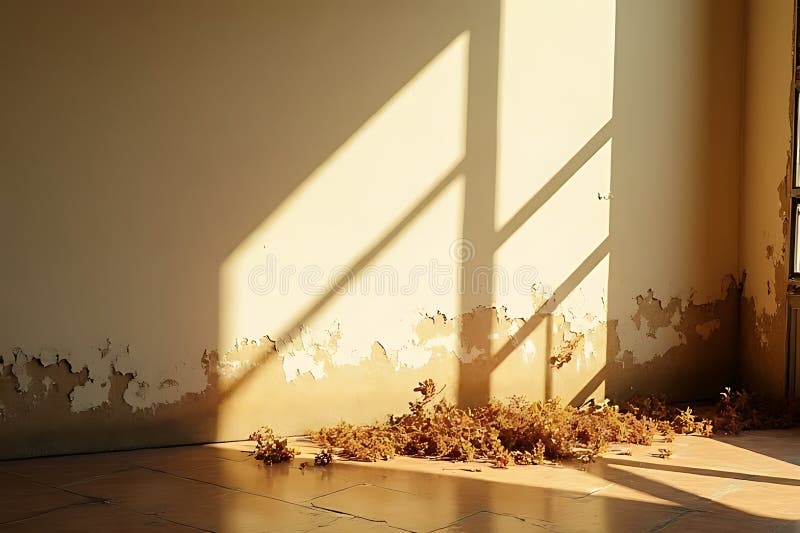 Sunlight Casts Sharp Shadows on a Wall with Peeling Paint and Dry ...