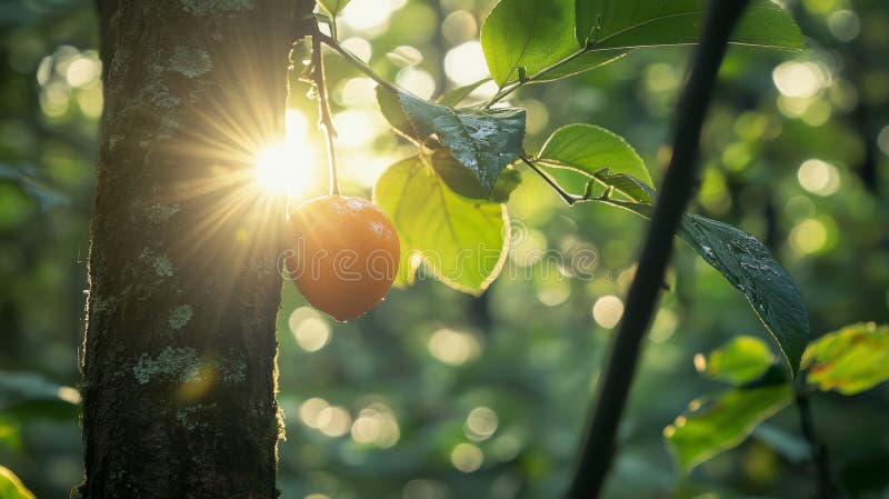 Sunlight Casts a Soft Glow Over a Rubber Tree, Where a Latex Drop Hangs ...