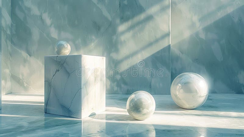 Sunlight Casts Soft Shadows on Marble Spheres and a Cube in a Serene ...