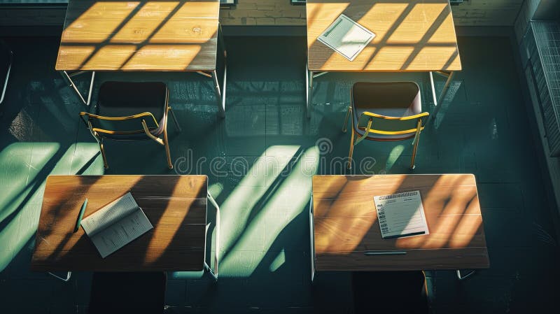 Sunlight on Classroom Desks and Chairs Arrangement Stock Illustration ...