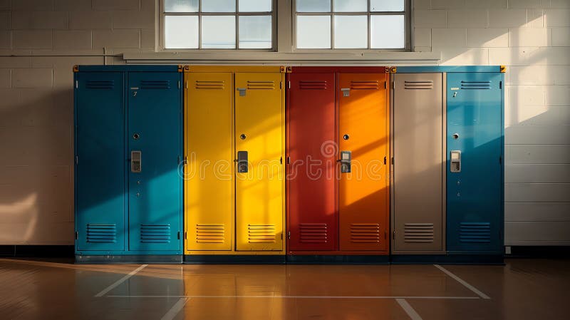 Sunlight on Colorful Lockers, Gymnasium, Empty Space, Vibrant and ...