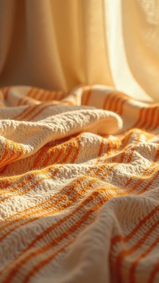 Sunlight on Cozy Orange and White Striped Blanket with Soft Textures ...